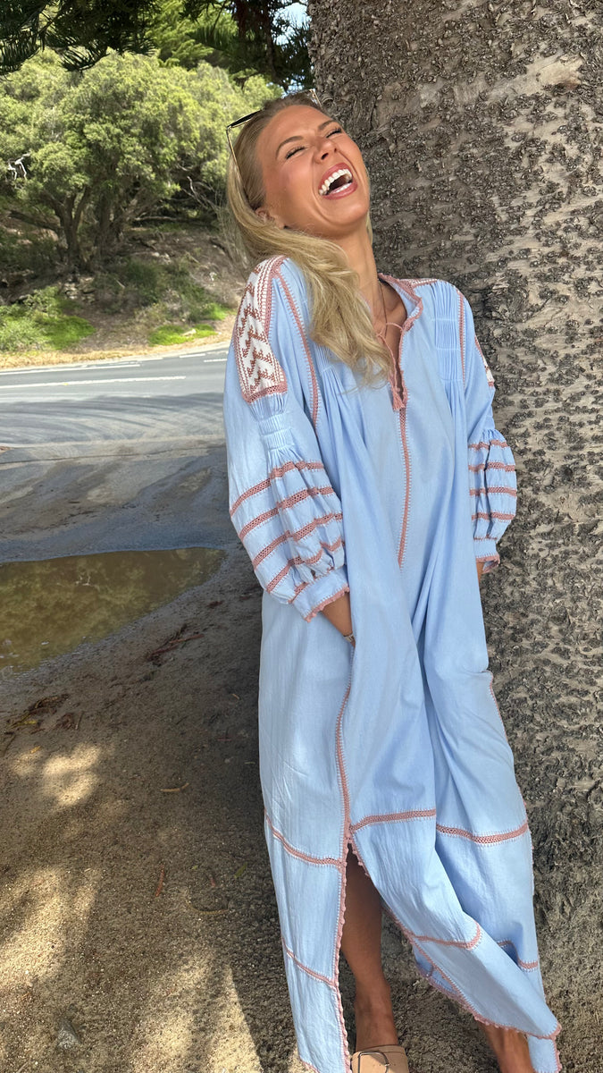 ESPANOLA DRESS LONG SLEEVE - PALE BLUE / CAFE CROCHET - LAS NINAS ...