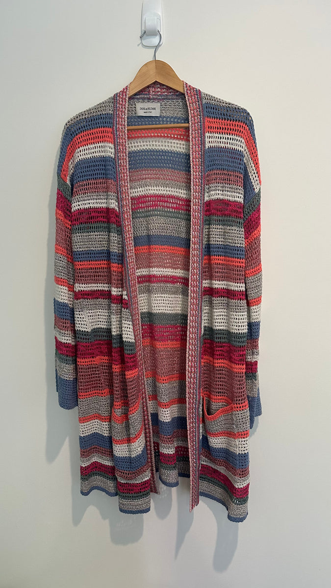 ZADIG & VOLTAIRE CELIA HO STRIPED CROCHET KNIT LONG CARDIGAN - ROSE MU ...